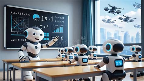 Futuristic Classroom Scene Robot Teaching Smaller Robots In Advanced Learning Environment Stock