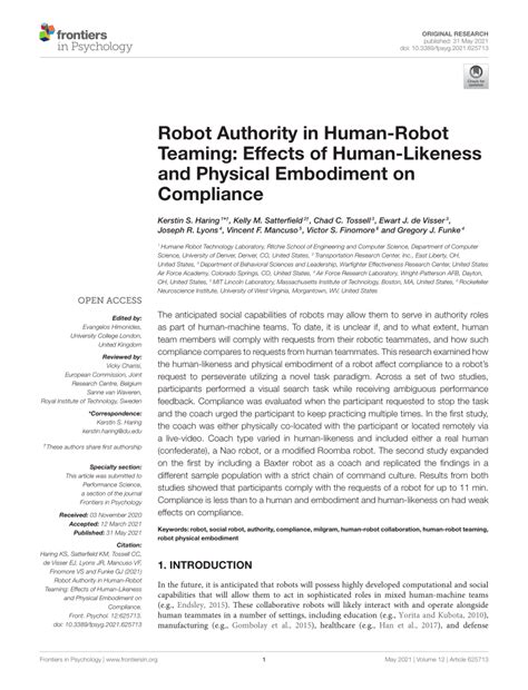 Pdf Robot Authority In Human Robot Teaming Effects Of Human Likeness And Physical Embodiment
