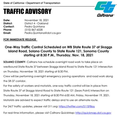 One Way Traffic On Wb Sr37 Solano To Sr121 Sonoma Starting Nov 18