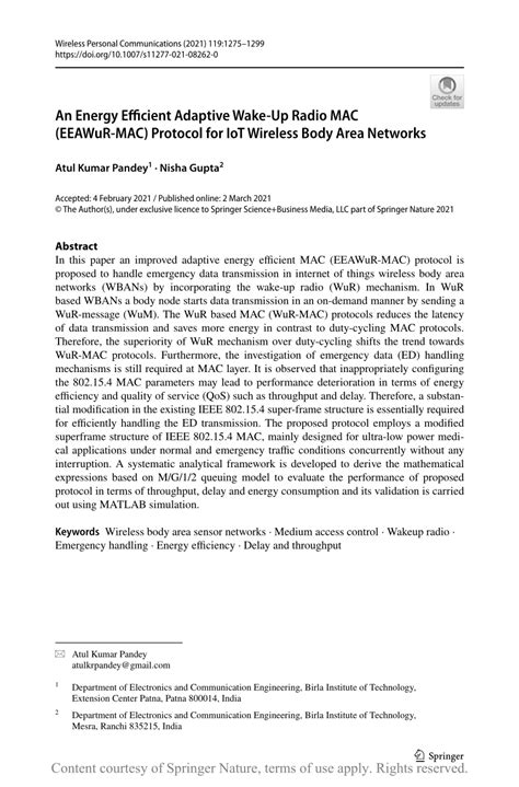 An Energy Efficient Adaptive Wake Up Radio Mac Eeawur Mac Protocol For Iot Wireless Body Area