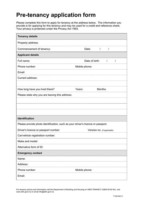 Pre Tenancy Application Form Template
