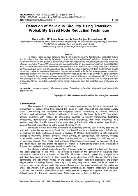 Detection Of Malicious Circuitry Using Transition Probability Based