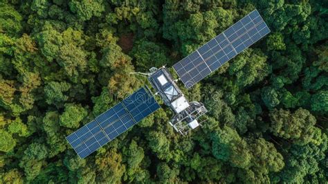 Satellite Equipped With Solar Panels Orbits Over Lush Forest Canopy In
