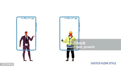 건설 남자 스타일 사용 하 여 모바일 응용 프로그램 엔지니어 온라인 커뮤니케이션 개념 스마트폰 화면 남성 캐릭터 전체 길이