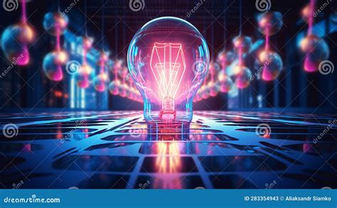 Lightbulb Illuminating Reflecting Floor With Blue And Pink Neon Glowing
