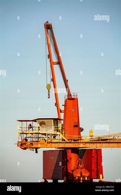 Man Standing Foot Rail Conveyer Bridge Bauxite Load Ship Hull Rio Tinto