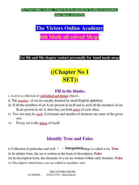 6th Math Solved Mcqs And Exercises Pdf Set Mathematics Abstract
