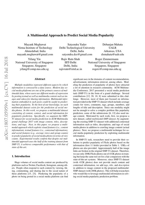 Pdf A Multimodal Approach To Predict Social Media Popularity
