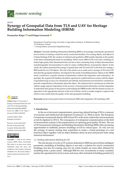Pdf Synergy Of Geospatial Data From Tls And Uav For Heritage Building Information Modeling Hbim
