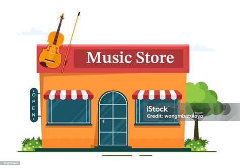 다양한 악기 Cd 카세트 테이프 및 플랫 스타일의 오디오 녹음이 있는 음악 상점 만화 손으로 그린 템플릿 그림 Classical Concert에 대한 스톡 벡터 아트 및