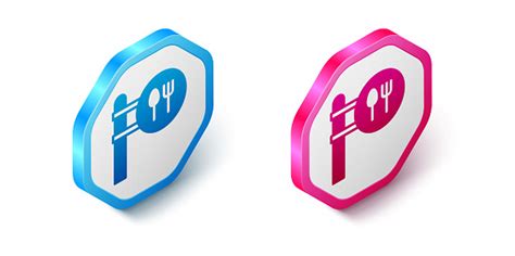 흰색 배경에 격리 된 Isometric 카페 및 레스토랑 위치 아이콘 포크와 숟가락 식당 표지판 은 핀 포인트 내부 육각 버튼 벡터 3차원 형태에 대한 스톡 벡터 아트 및