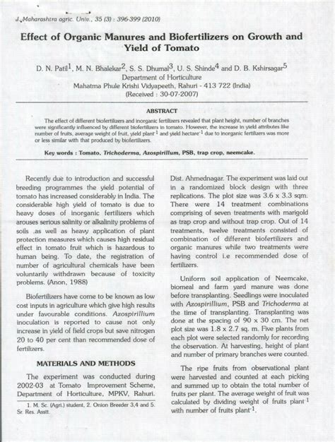 (PDF) Effect of organic manures and biofertilizers on growth and yield of tomato