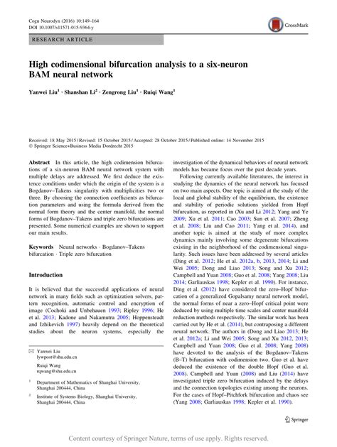 High Codimensional Bifurcation Analysis To A Six Neuron Bam Neural Network Request Pdf