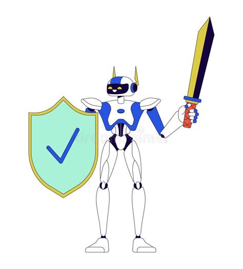 Robot With Shield And Sword 2d Linear Cartoon Character Stock Vector
