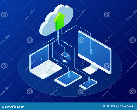 Isometric Modern Cloud Technology And Networking Concept Synchronizing Devices With Cloud