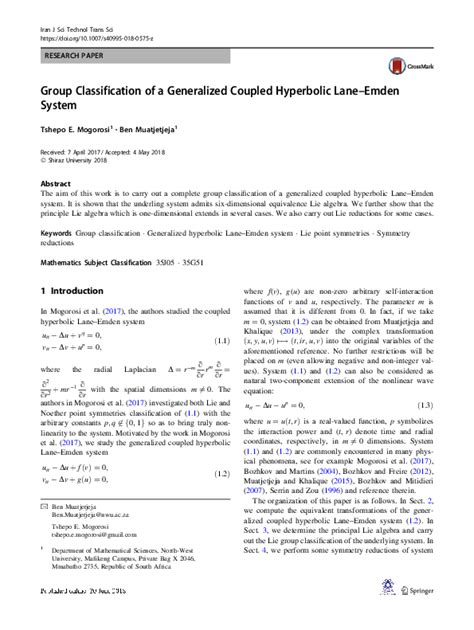 Pdf Group Classification Of A Generalized Coupled Hyperbolic Laneemden System Tshepo