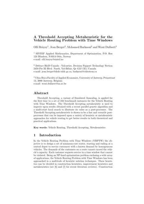 pdf a threshold accepting metaheuristic for the vehicle routing