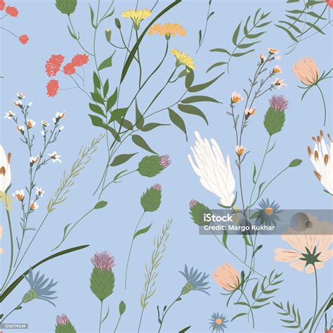 트렌디 한 다채로운 벡터 텍스처입니다 꽃 꽃 매끄러운 패턴입니다 피는 식물 모티프는 무작위로 흩어져 있습니다 패션 디티 프린트 패브릭 파란색 배경에 손으로 다른 야생 초원