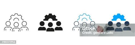 프로젝트 관리 협력 팀워크 라인 및 실루엣 아이콘 세트 Gear Pictogram이 있는 직원 팀 인력 기호입니다 편집 가능한 획 고립된 벡터 삽화 개발에 대한 스톡 벡터