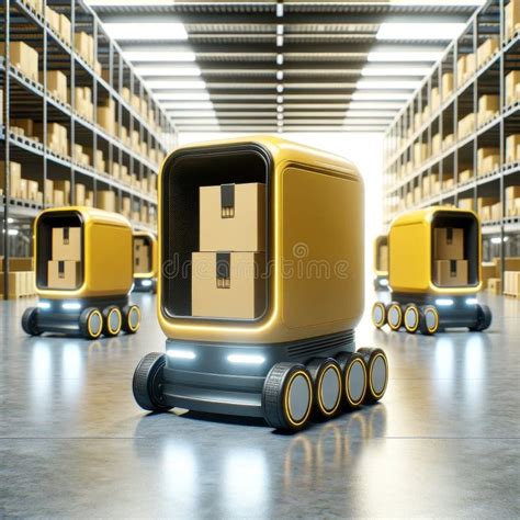 Autonomous Yellow Robots With Packages In Futuristic Warehouse Setting Smart Logistics Ai