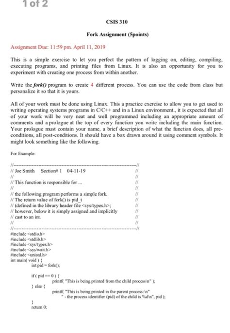 Solved Of 2 L Csis 310 Fork Assignment 5points Assignment