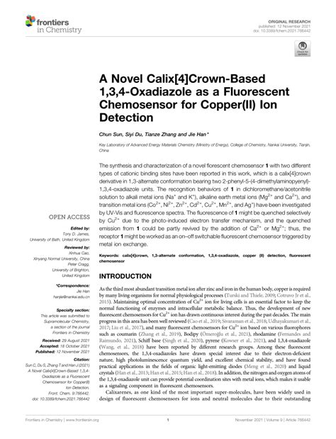 Pdf A Novel Calix[4]crown Based 1 3 4 Oxadiazole As A Fluorescent Chemosensor For Copper Ii