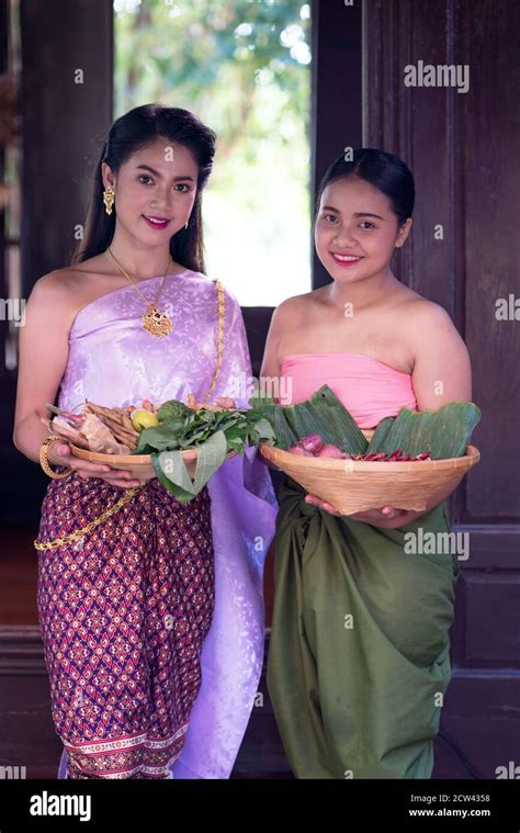 Asian Woman Wearing Thai Dress Costume Traditional According Culture And Tradition Cooking In