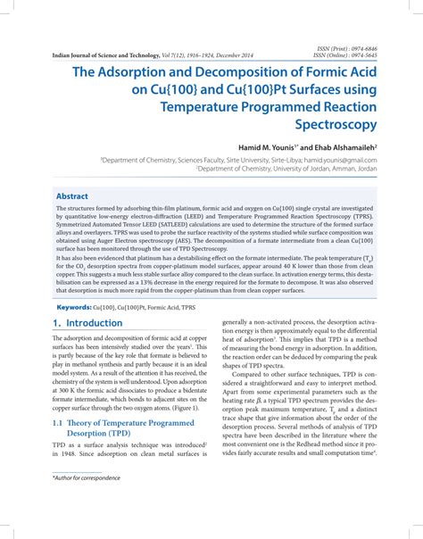 Pdf The Adsorption And Decomposition Of Formic Acid On Cu 100 And Cu