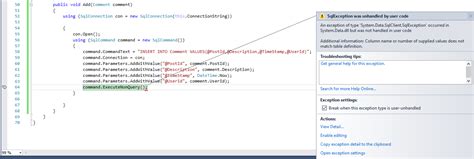 C ASP NET MVC Insert Statement Into DB Error Column Name Or Number Of Supplied Values Does