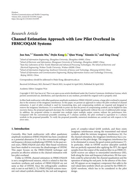 PDF Channel Estimation Approach With Low Pilot Overhead In FBMC OQAM Systems
