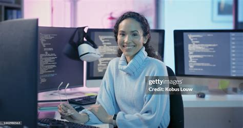 Portrait Programmer And It Programming Computer And Code On Screen With Woman Developer Smile At