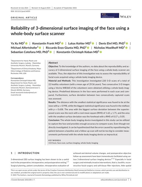 Pdf Reliability Of 3‐dimensional Surface Imaging Of The Face Using A Whole‐body Surface Scanner