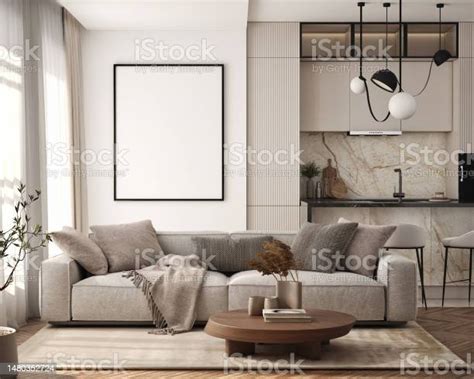 거실 벽에 있는 모형 포스터 프레임 현대적인 디자인의 고급스러운 아파트 배경 현대적인 인테리어 디자인 3d 렌더링 3d 그림 집