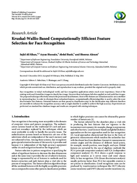 Pdf Kruskal Wallis Based Computationally Efficient Feature Selection For Face Recognition