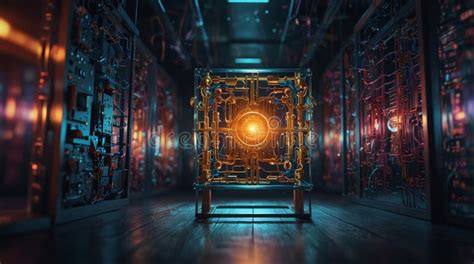 Futuristic Quantum Processor With Glowing Core In High Tech Laboratory Stock Illustration