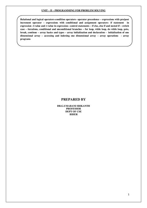 PPS UNIT Notes UNIT II PROGRAMMING FOR PROBLEM SOLVING PREPARED BY DR G SRIKANTH