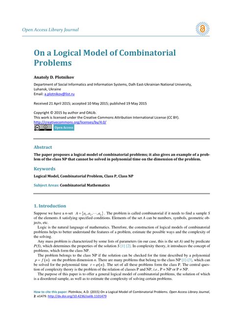 Pdf On A Logical Model Of Combinatorial Problems