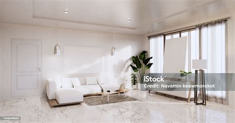 인테리어 거실 현대 미니멀리스트는 소파와 캐비닛 식물 흰색 벽에 램프와 화강암 타일 바닥에 램프3d 렌더링 0명에 대한 스톡 사진 및 기타 이미지 Istock