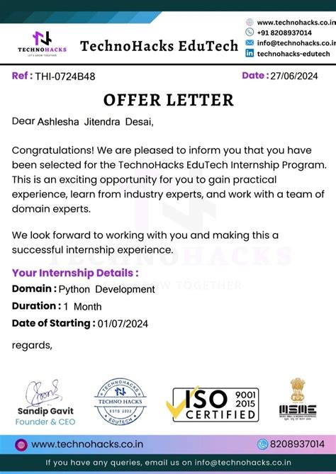 Ashlesha Desai On Linkedin Technohacks Python Internship Developer