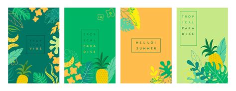 텍스트 여름 밝은 활기찬 배너 포스터 커버 디자인 템플릿 소셜 미디어 이야기 봄 잎 파인애플과 트로픽 꽃 배경 화면을 위한 장소와 추상 열 대 배경의 벡터 세트 0명에 대한