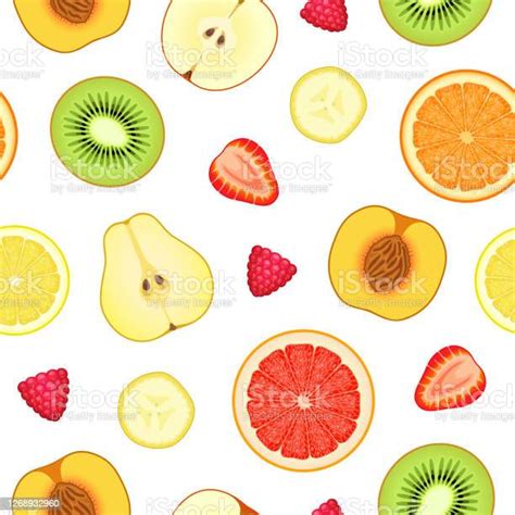 다양한 슬라이스 잘 익은 신선한 과일과 열매와 원활한 패턴 건강한 식생활에 대한 스톡 벡터 아트 및 기타 이미지 건강한 식생활 과일 날것 Istock