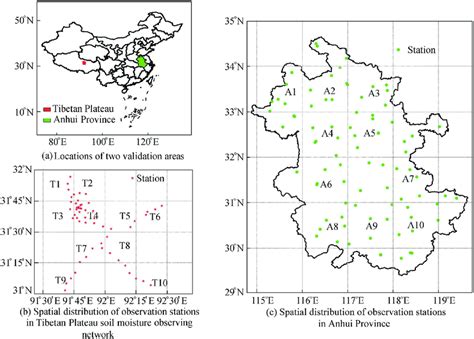 locations of two validation areas and spatial distributions of