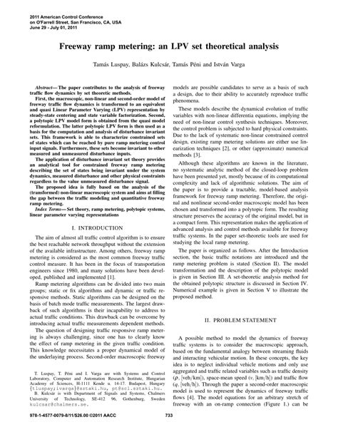 Pdf Freeway Ramp Metering An Lpv Set Theoretical Analysis