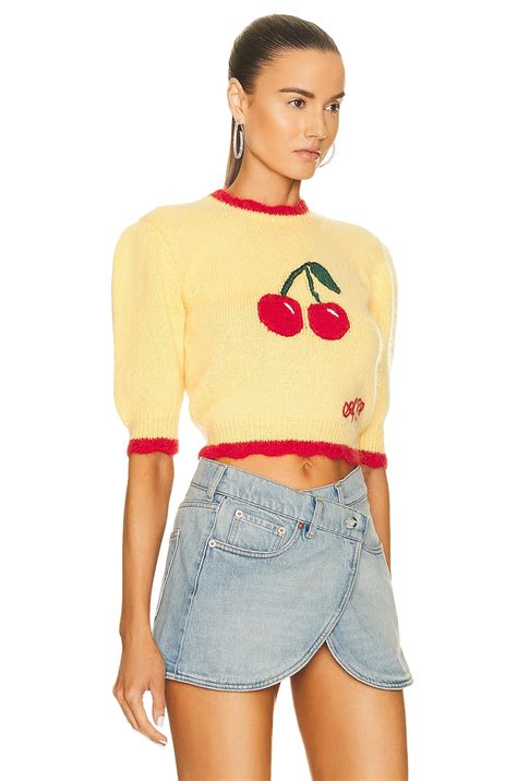 Alessandra Rich Knitted Mohair Jumper With Cherry In Yellow Fwrd