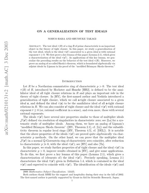 Pdf On A Generalization Of Test Ideals