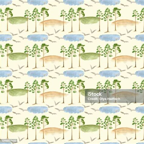 수채화 풍경 원활한 패턴 손으로 그린 소나무 호수 흰색에 고립 된 새 여름 숲 배경 삼림 지대 자연 삽화 직물 섬유 포장을위한 반복 된 디자인 0명에 대한 스톡 벡터 아트