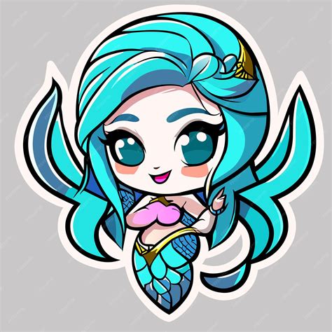 귀여운 공주 인어 소녀 Chibi Kawaii 손으로 그린 만화 스티커 아이콘 개념 그림 프리미엄 벡터