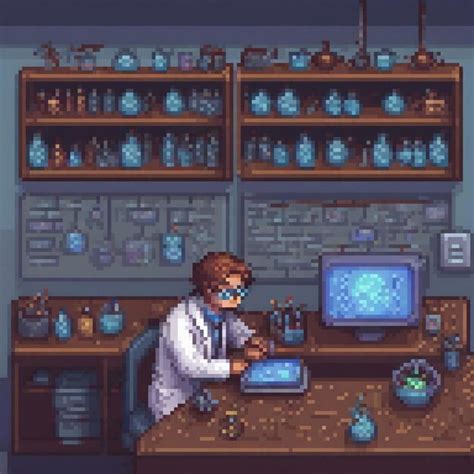 Pixel Art Of A Scientist At Work Computer And Lab Coat In Focus
