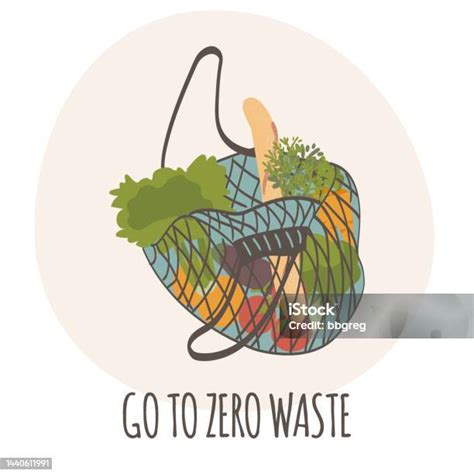 야채와 함께 재사용 가능한 메쉬 쇼핑백 제로 웨이스트로 이동 에코 라이프 스타일 플라스틱이 없습니다 벡터 그림입니다 0에 대한 스톡 벡터 아트 및 기타 이미지 Istock