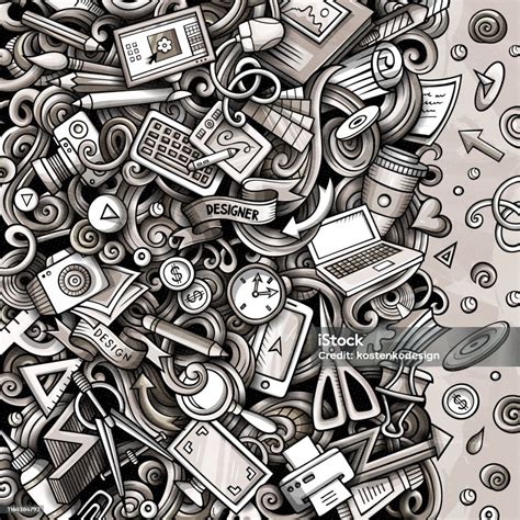 만화 벡터 낙서 디자인 카드입니다 많은 오브젝트 일러스트레이션과 함께 상세한 그래픽 모든 항목은 분리되어 있습니다 예술적 재미있는 테두리 3차원 형태에 대한 스톡 벡터 아트